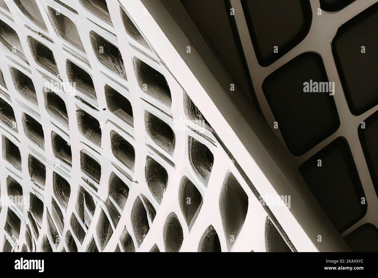 A digital 3D render of an abstract building facade with structural ...
