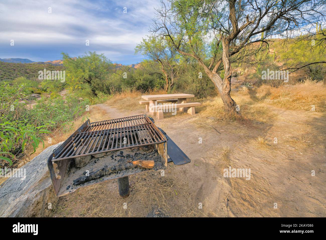 In ground wood and charcoal grill on a camping ground at Sabino Canyon ...
