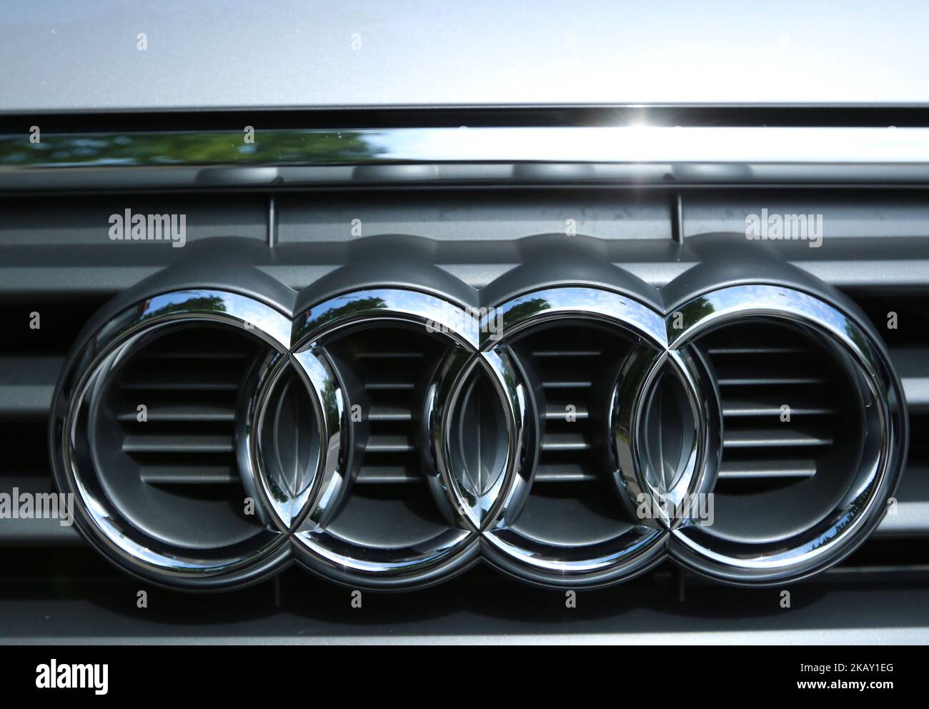 The logo of German automobile manufacturer Audi that designs, engineers ...