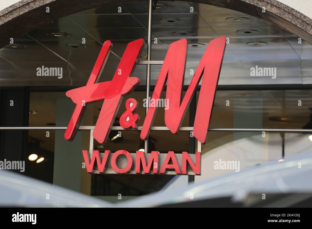 The logo of H&M Woman is seen in the Munich pedestrian zone. (Photo by Alexander Pohl/NurPhoto ...