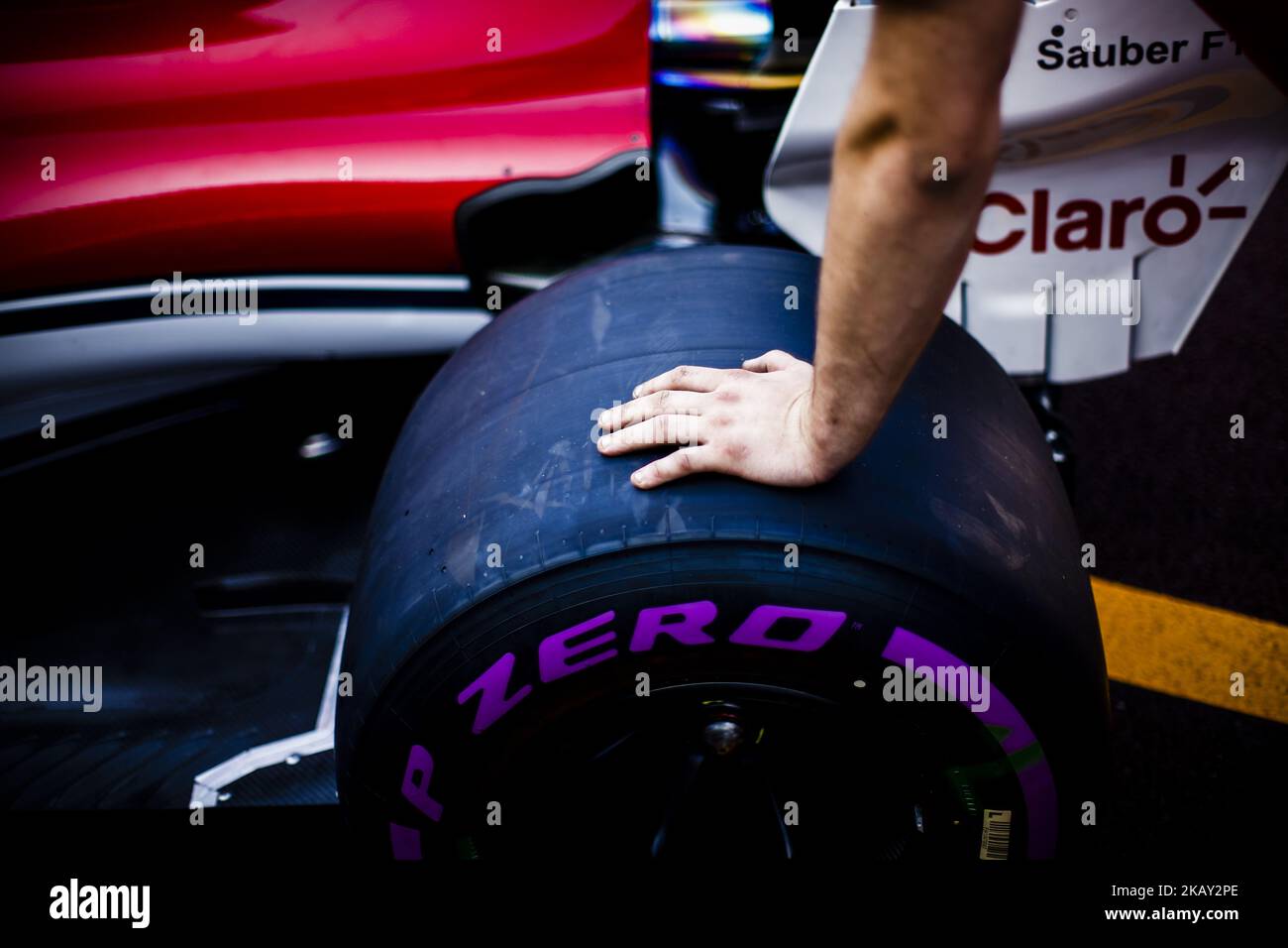 Mechanics working on the 16 Charles Leclerc from Monaco with Alfa Romeo ...