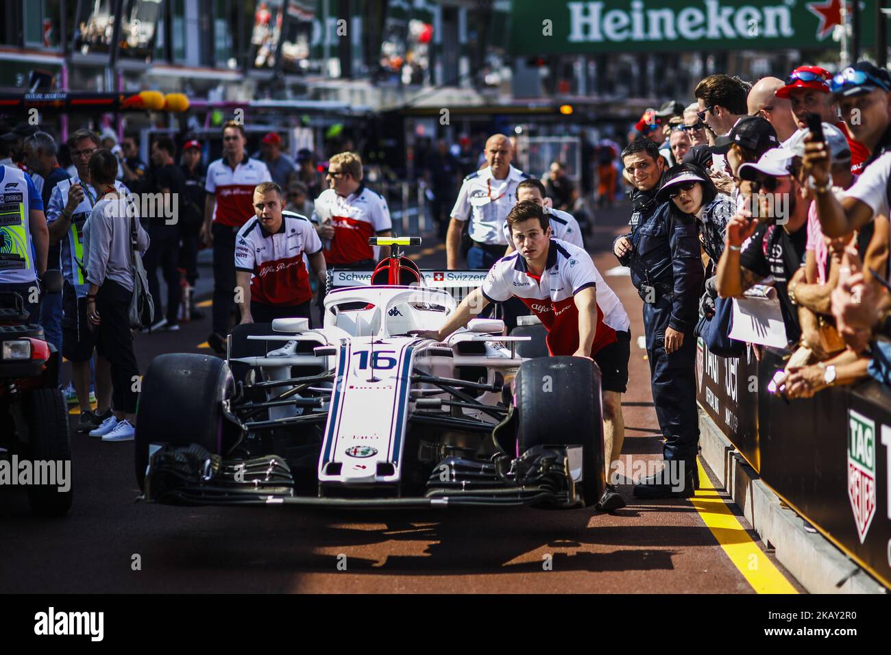 Mechanics pushing 16 Charles Leclerc from Monaco with Alfa Romeo Sauber ...