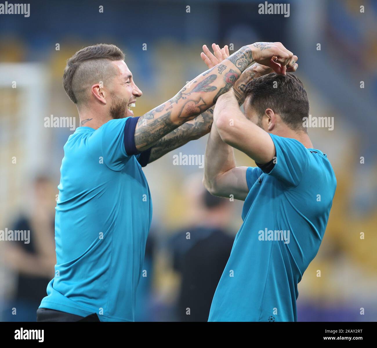 Real Madrid's Spanish defender Sergio Ramos (L) during a Real Madrid ...