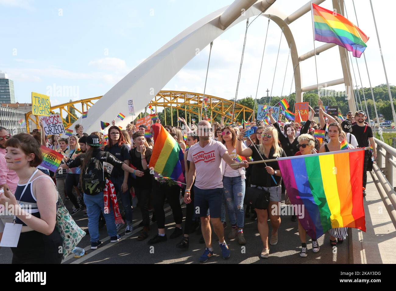 Gay pride participants holding rainbow (LGBT movement) flags and ...