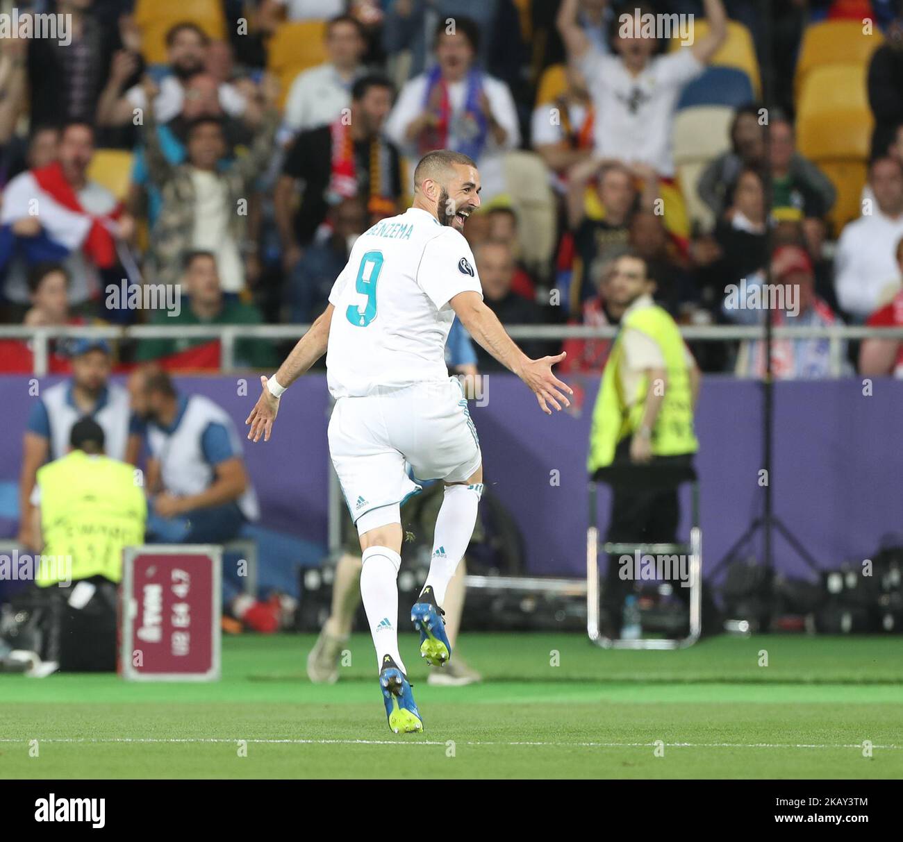Karim Benzema of Real Madrid celebrates scoring a goal during the UEFA ...