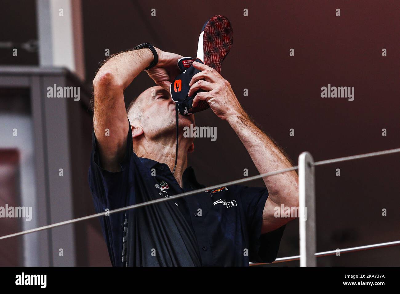 Adrian Newey Chief Engineering Officer Red Bull Racing doing a showy to ...