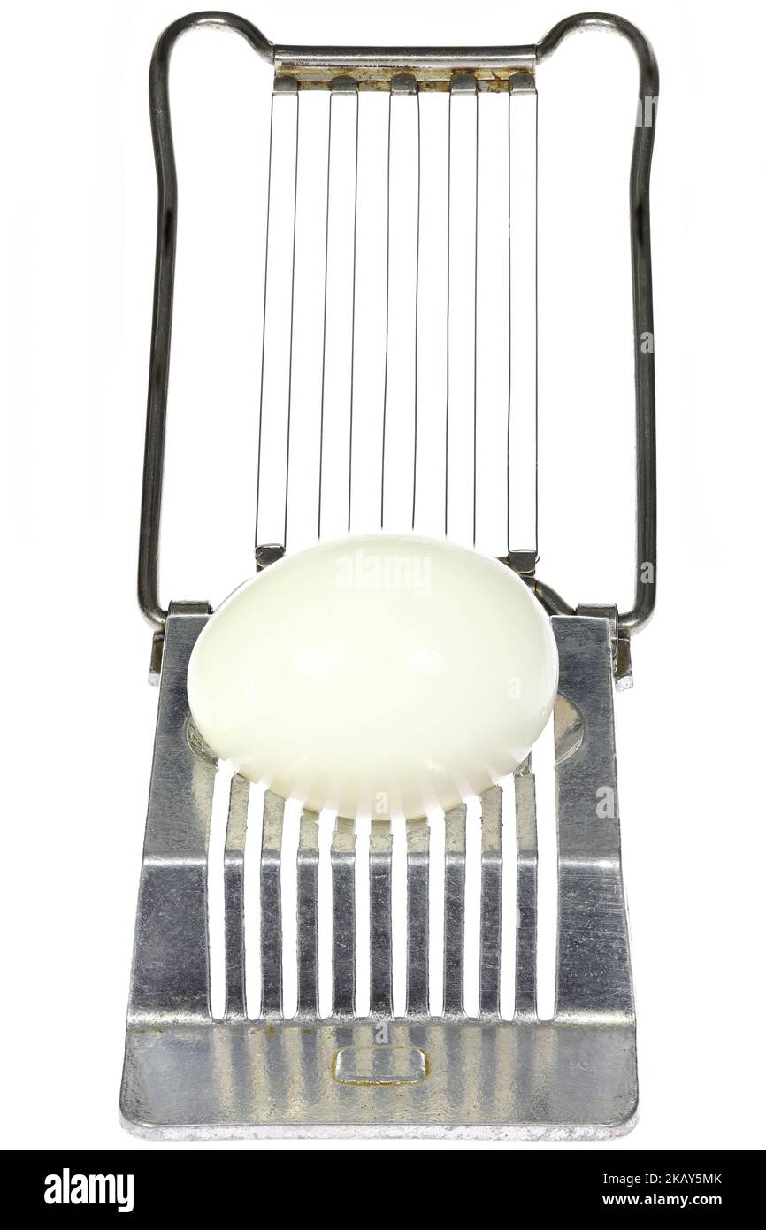 vintage aluminium egg slicer with hard-boiled chicken egg isolated on ...