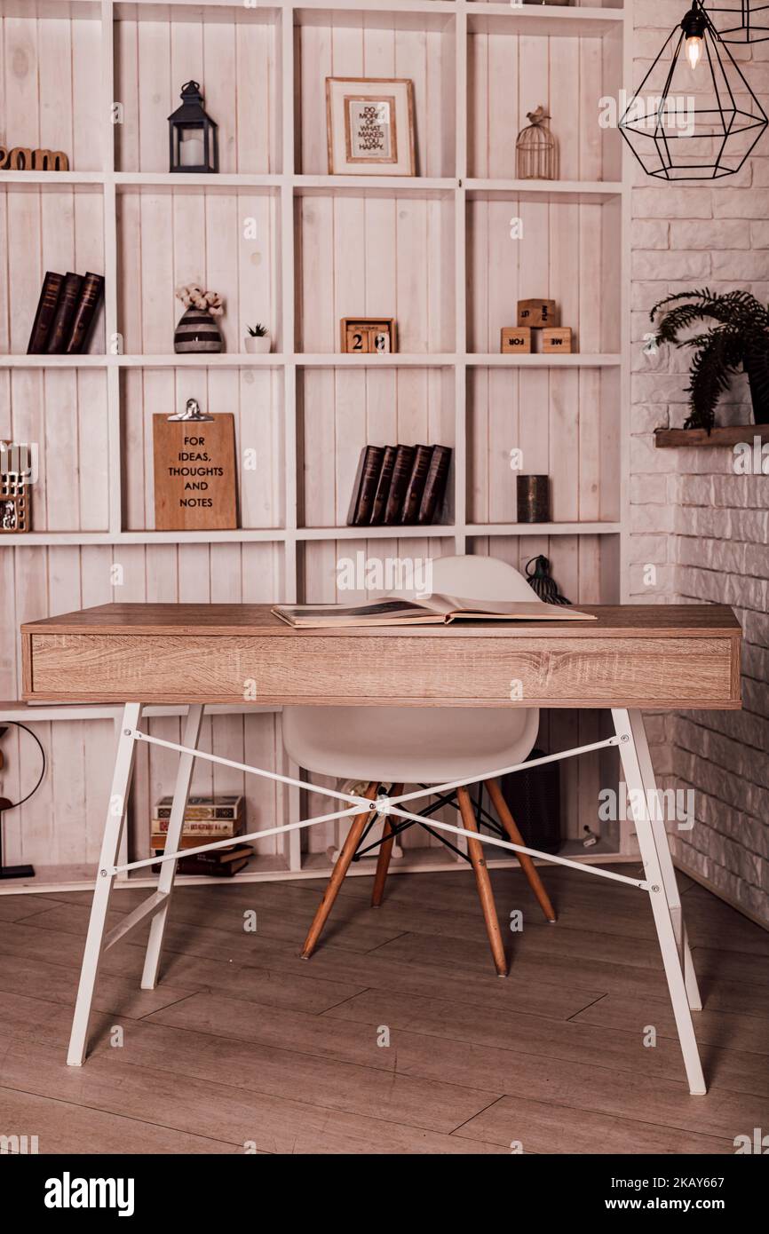 Design of the workplace in the office. Wooden work desk Stock Photo - Alamy