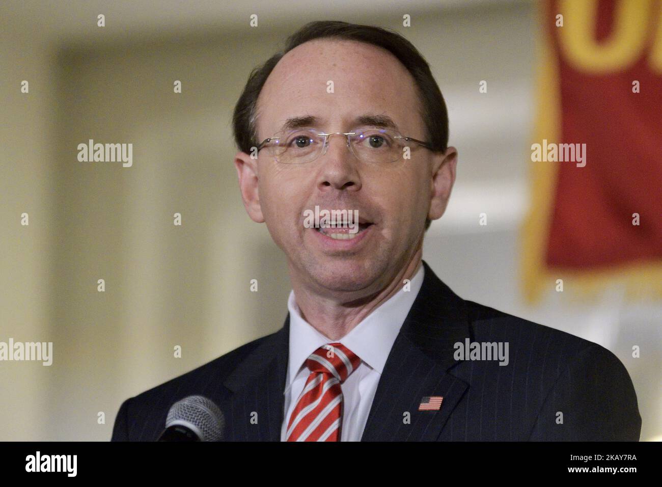 US Deputy Attorney General Rod Rosenstein delivers the keynote speech ...