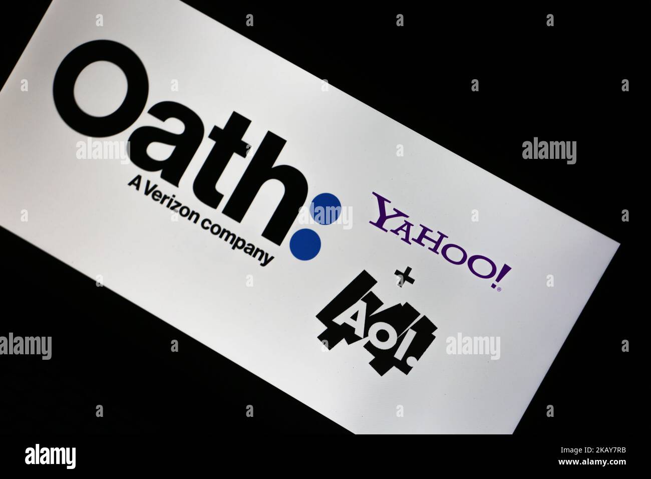 The logo of the Verizon company Oath next to the logos of Yahoo and AOL ...