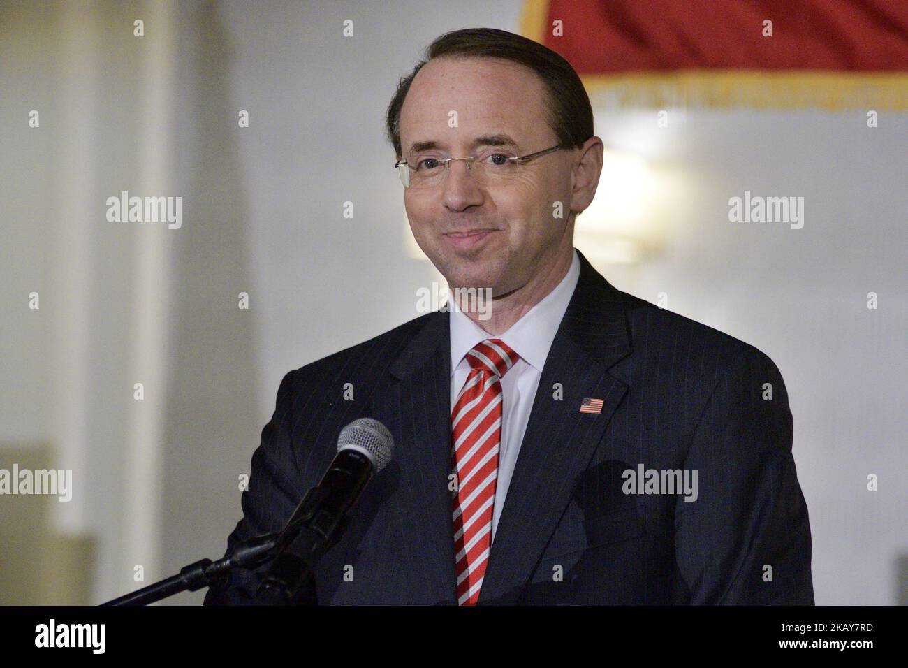 US Deputy Attorney General Rod Rosenstein delivers the keynote speech ...
