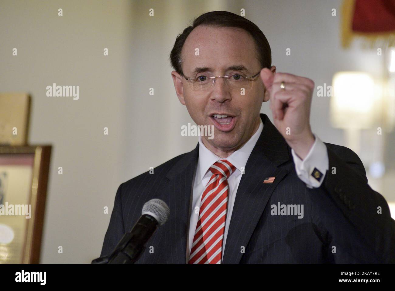 US Deputy Attorney General Rod Rosenstein delivers the keynote speech ...