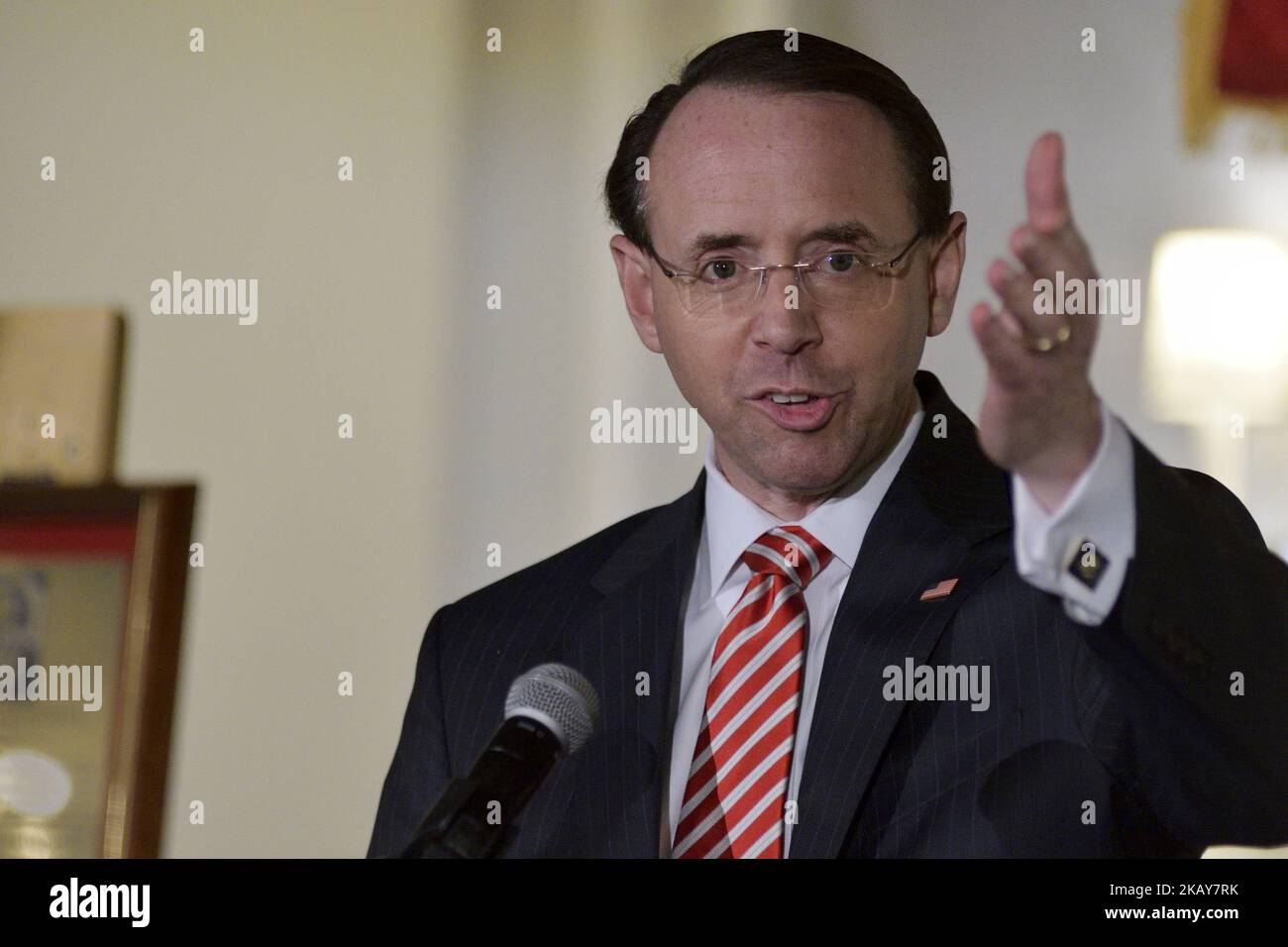 US Deputy Attorney General Rod Rosenstein delivers the keynote speech ...
