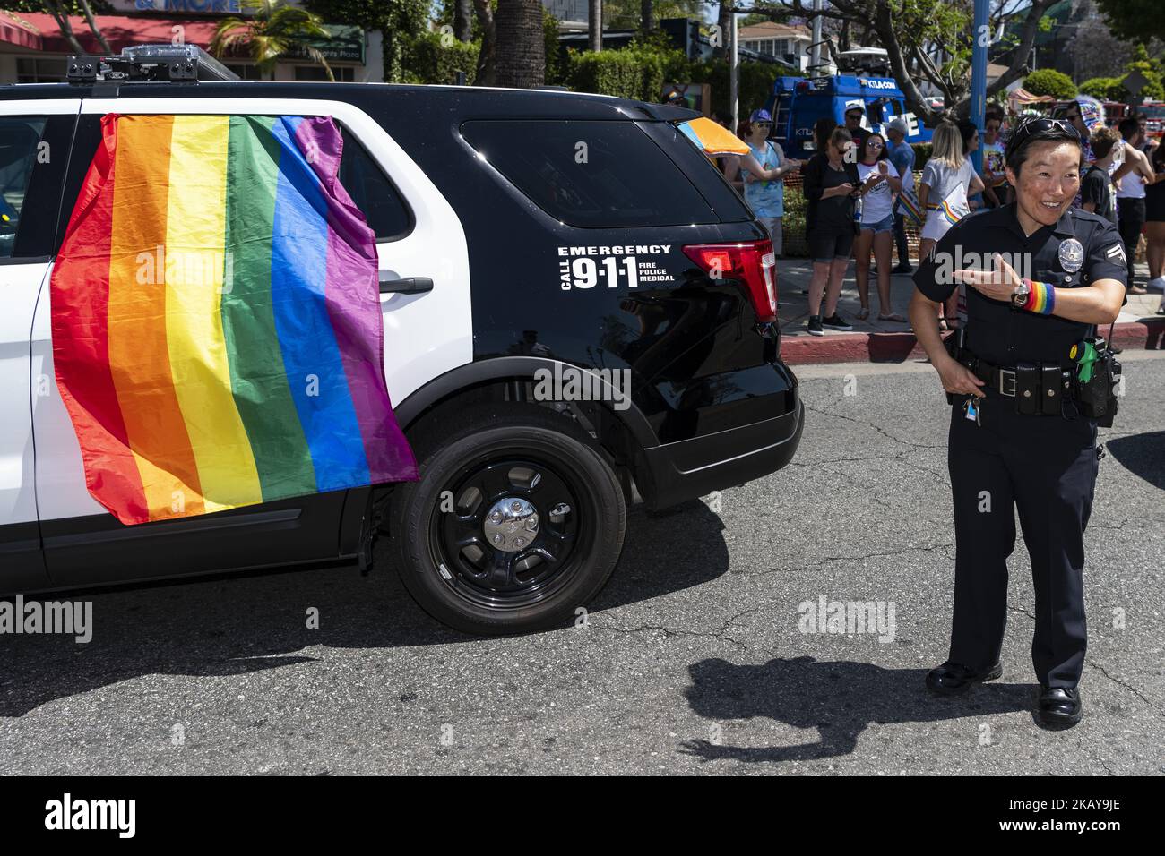 A rainbow flag is seen on a police cruiser during the LA Pride Parade ...