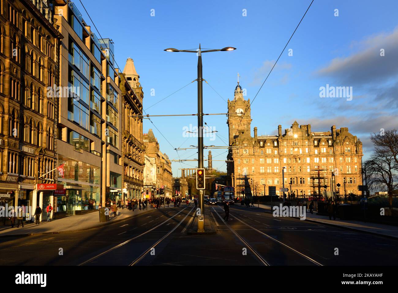 The main shopping street Princes with beautiful buildings at sunset ...