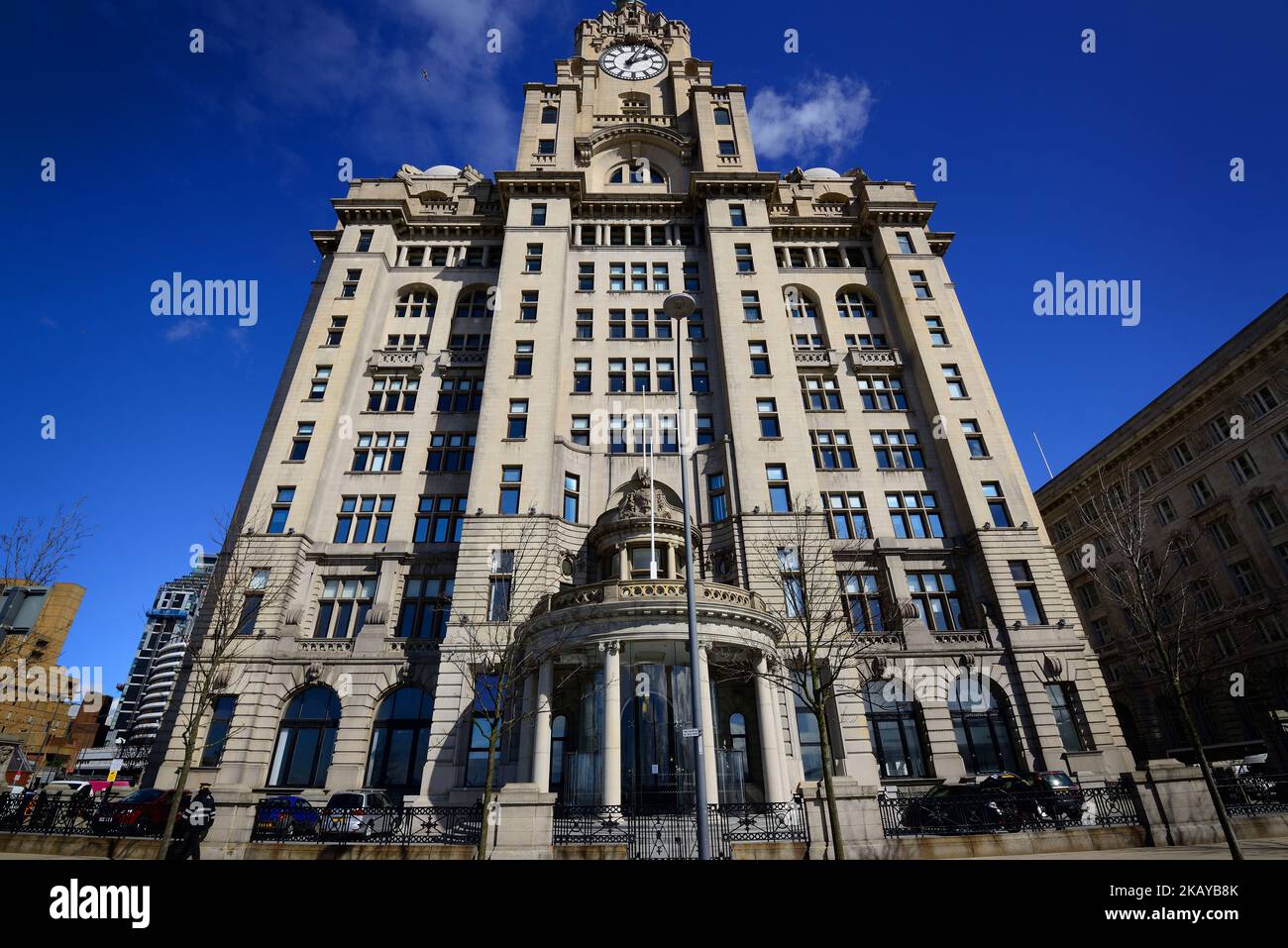 A scenic view of the Royal Liver building under the blue sky in ...