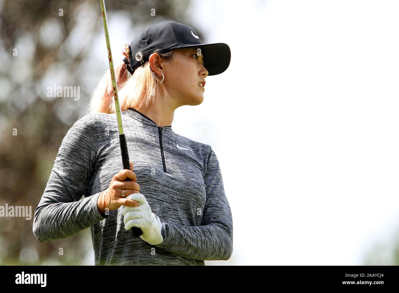 Michelle Wie of Honolulu, Hawaii follows her shot from the 12th tee ...