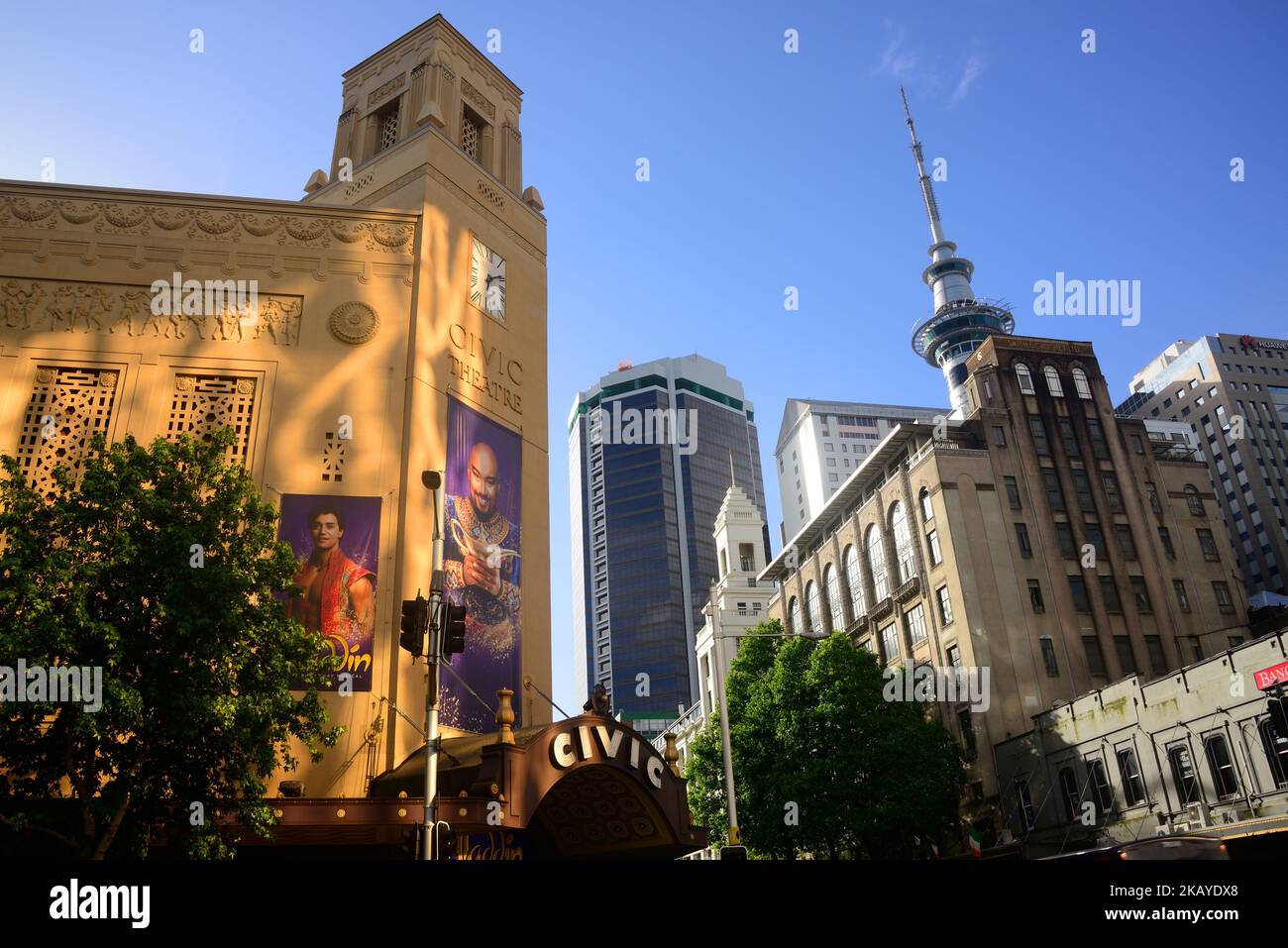 A scenic view of high buildings and trees in downtown Auckland under ...