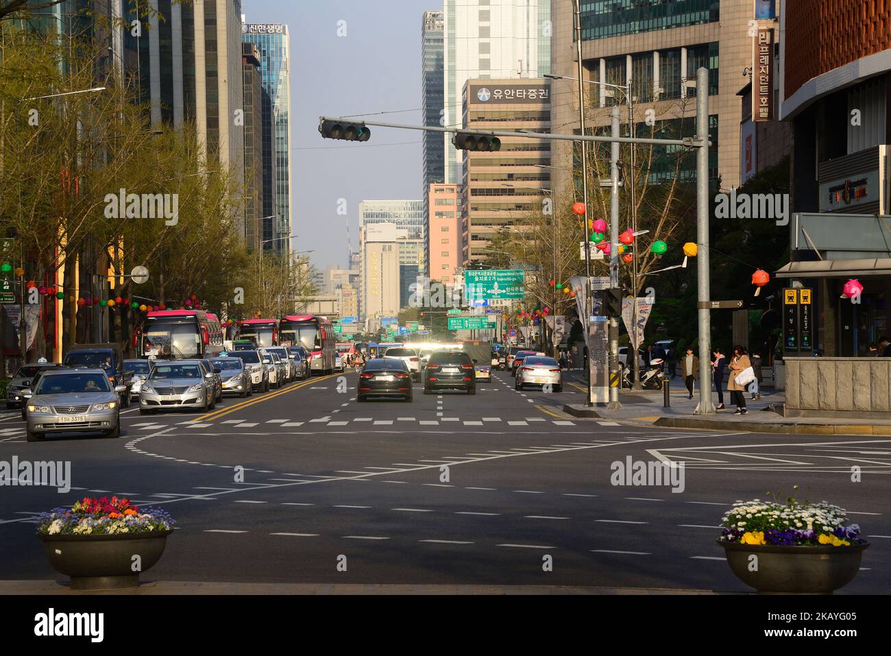 A busy street and modern high buildings in downtown Seoul, South Korea ...