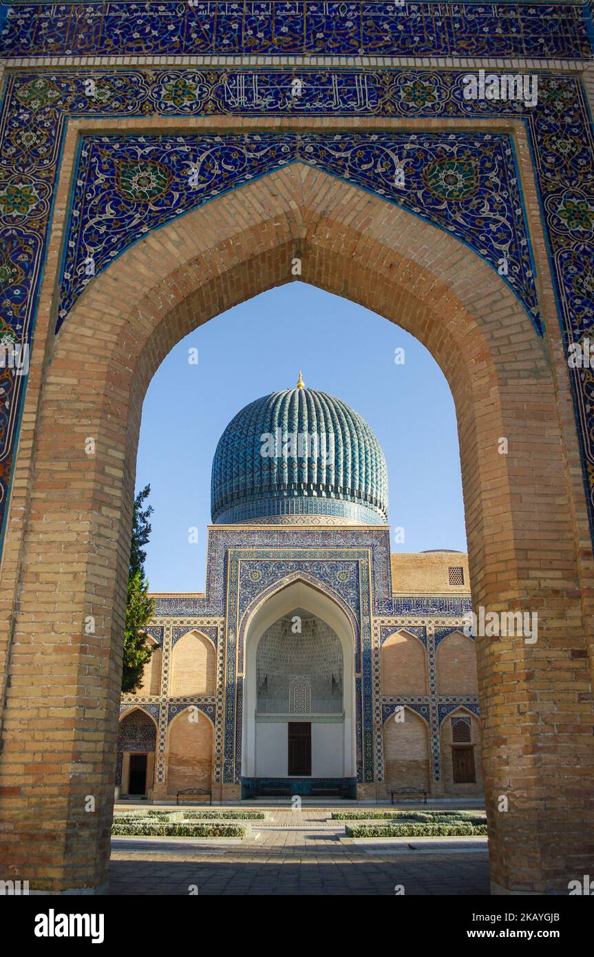 View of landmark Gur e Amir, mausoleum of Timur or Tamerlane through ...