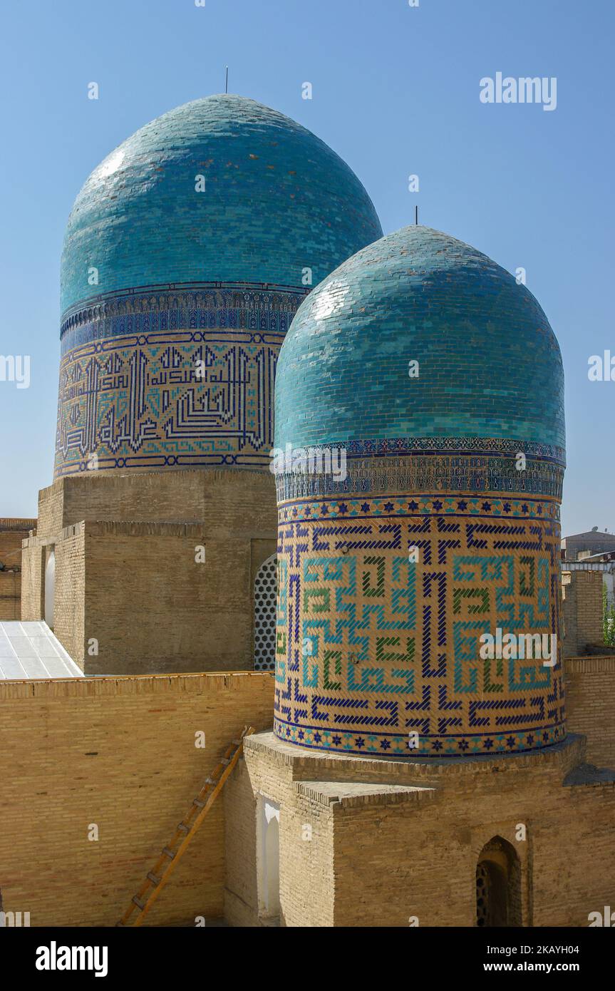View of the famous blue domes of the ancient double cupola mausoleum in ...