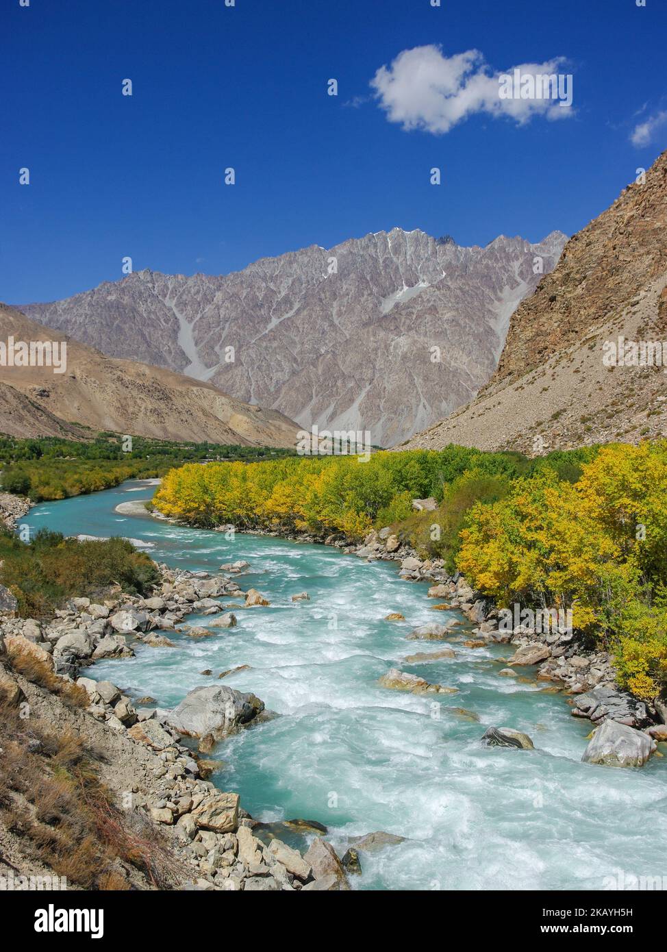 Colorful scenic landscape view of the Gunt river valley with turquoise ...