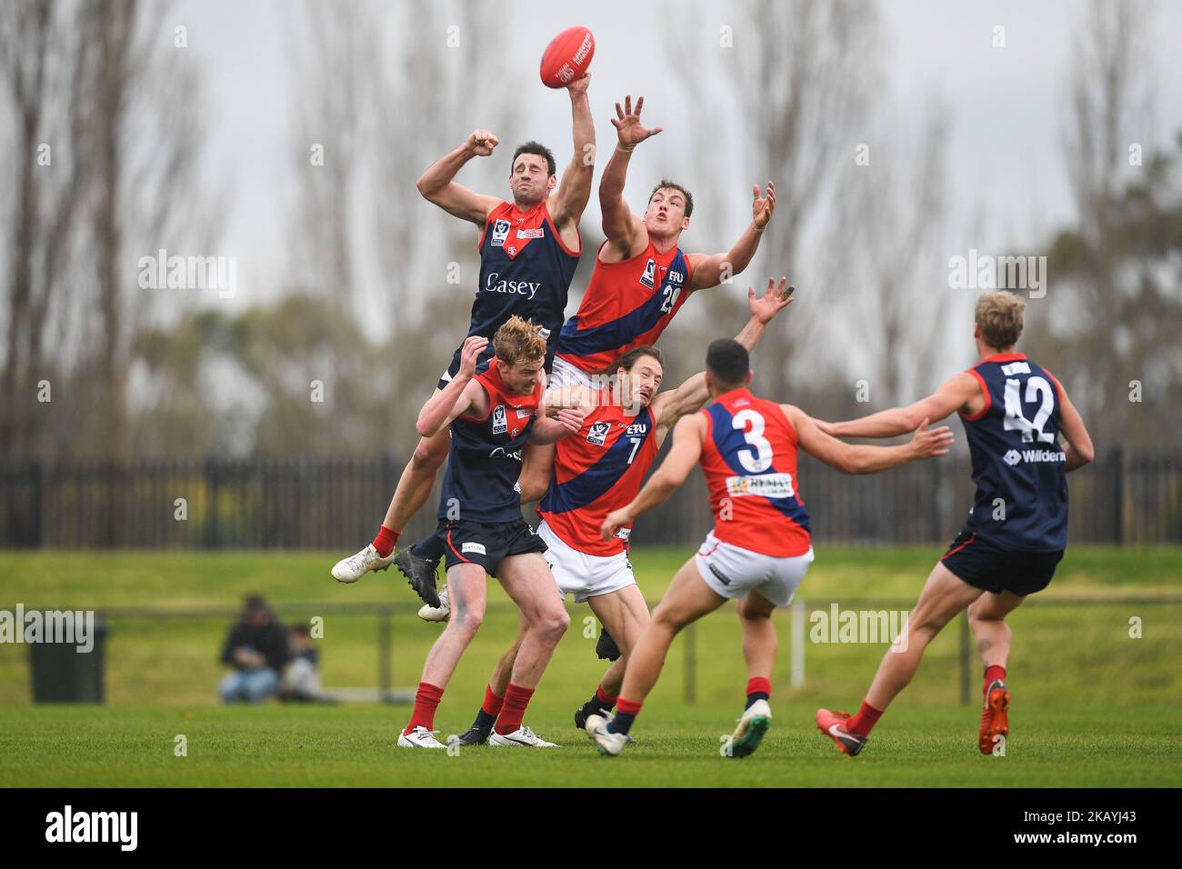 Cameron Pedersen of the Casey Demons gets a hand on the ball as players ...