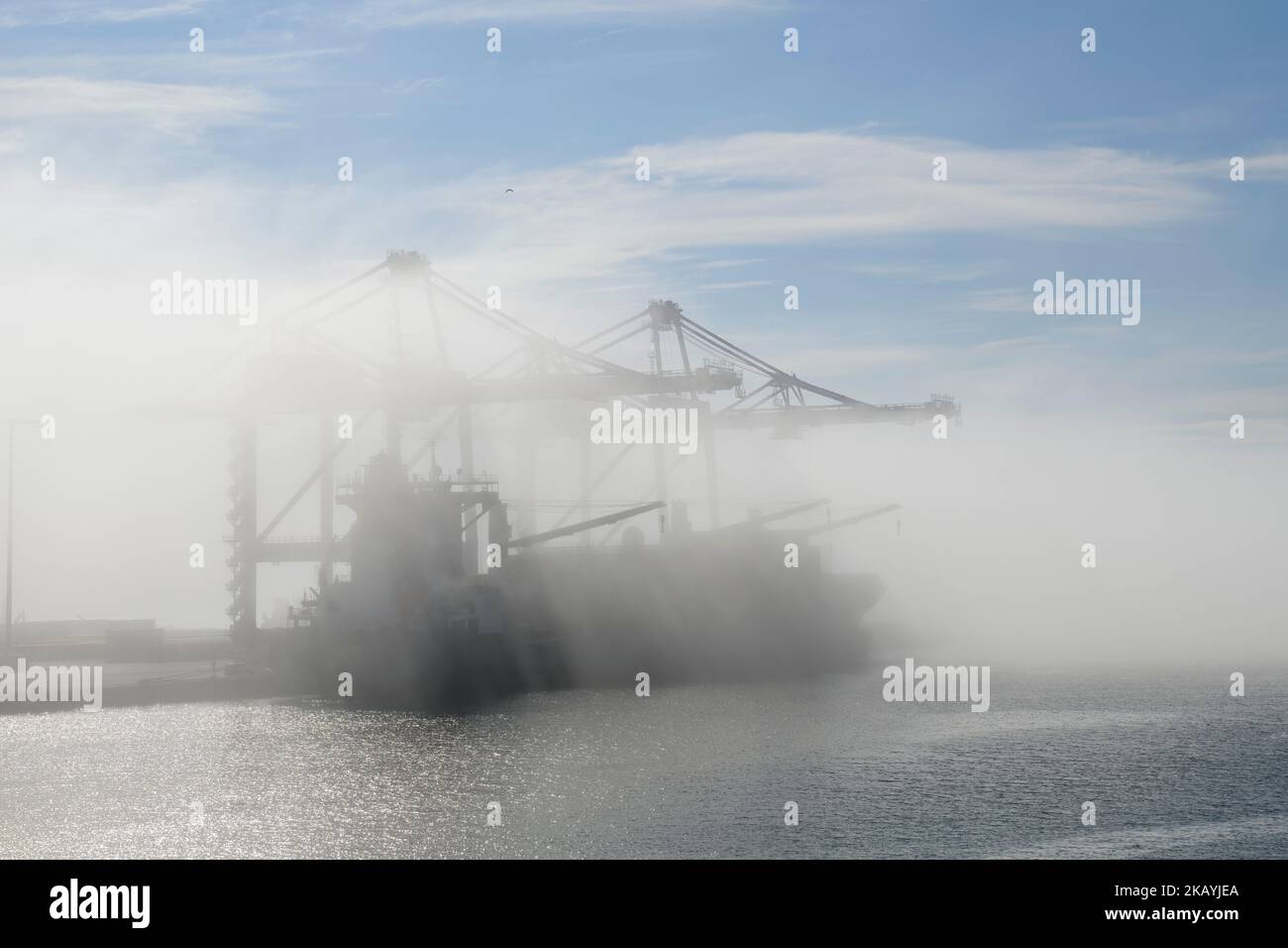 Container ship in port, strong fog. Foggy weather. Bad visibility Stock ...