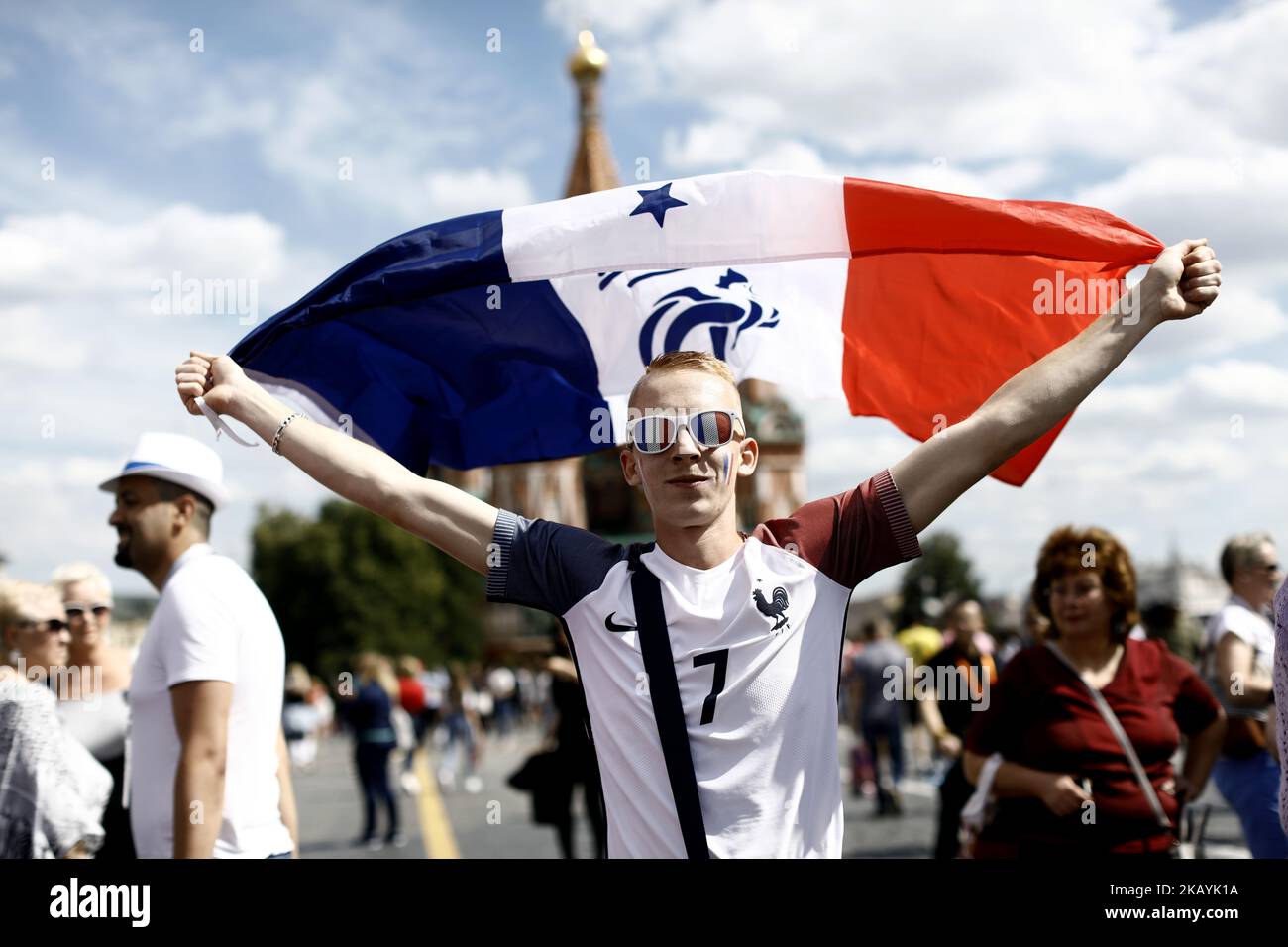 French fans cheer at the Red Square on June 25, 2018 in Moscow, Russia ...