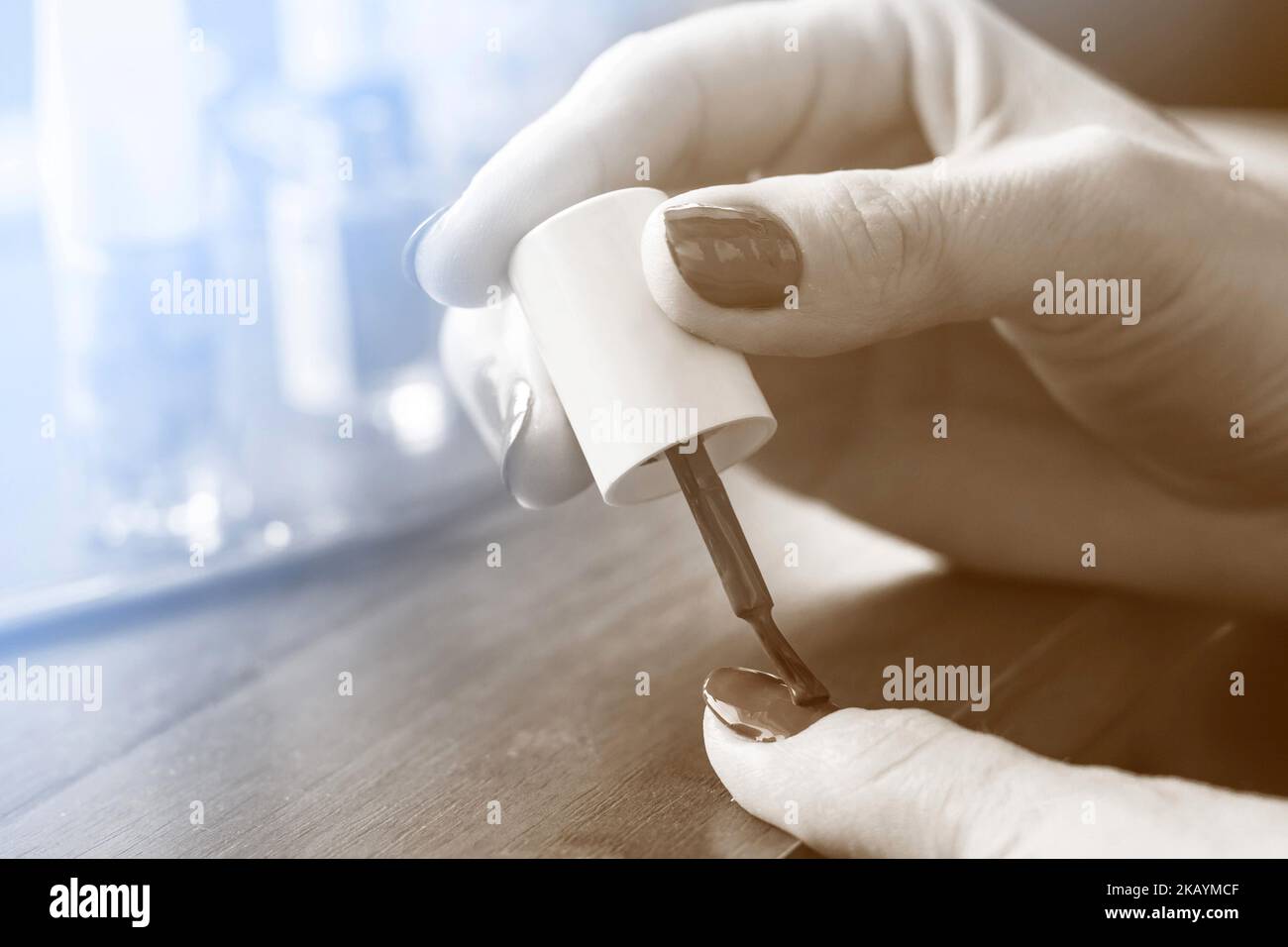 Self manicure process of gel laquer. Nail art, toned color image Stock ...