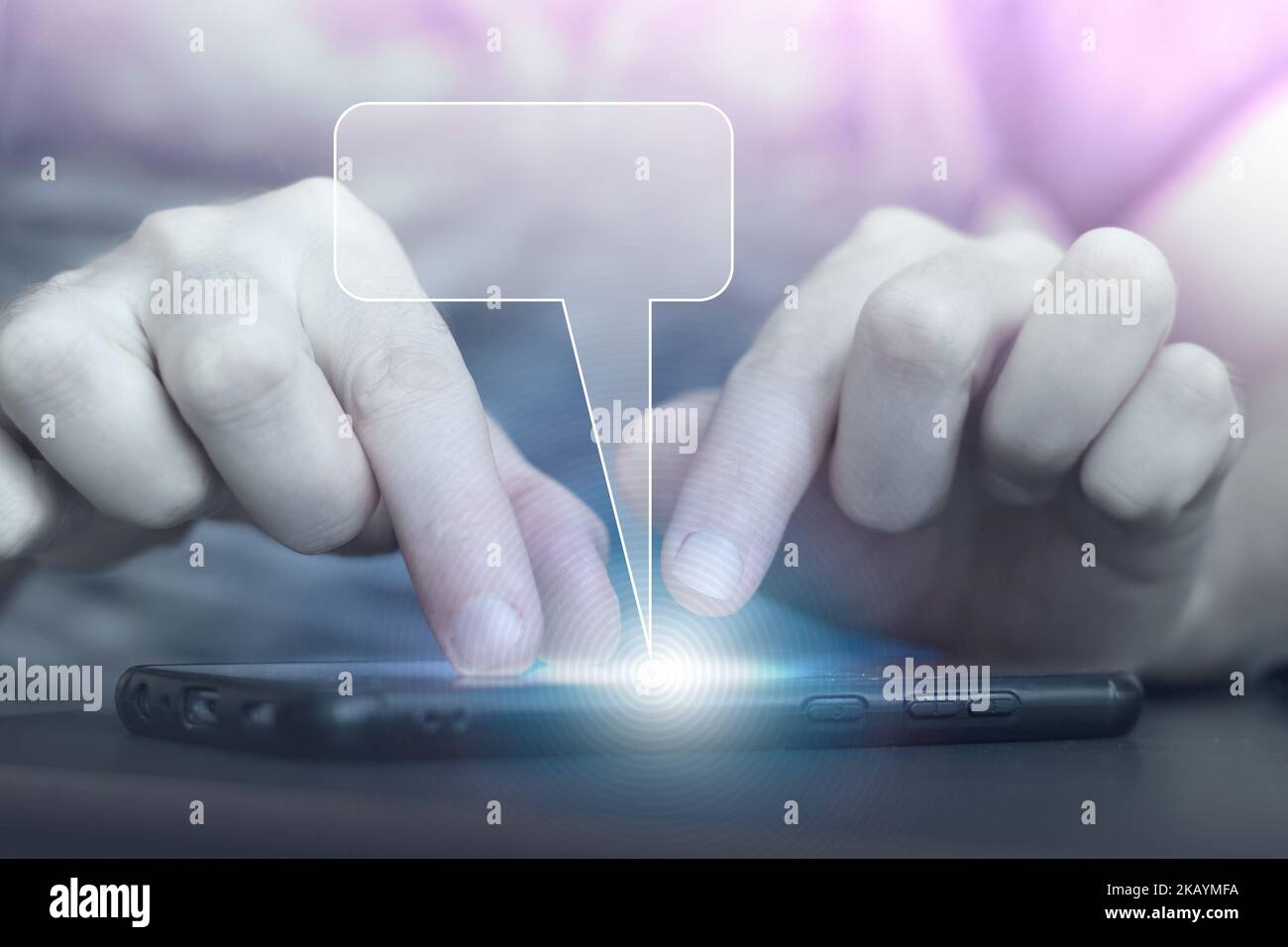 A person's fingers typing on a smartphone. Empty message area. Business ...