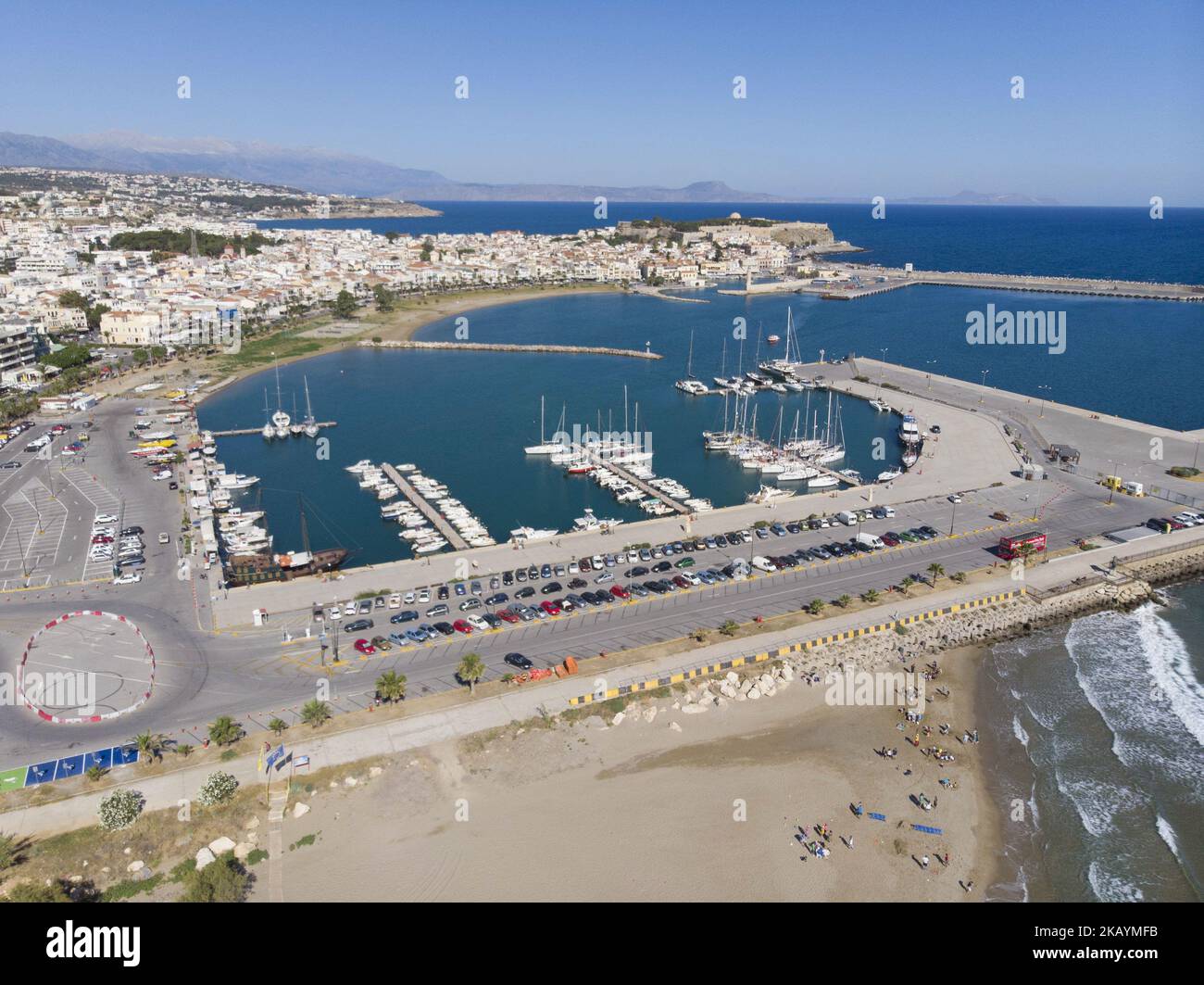 Aerial images of Rethymno beach town in Creta island in Greece ...