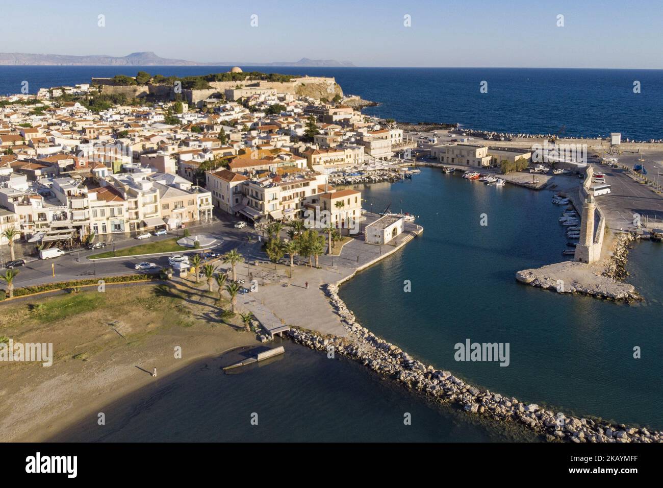 Aerial images of Rethymno beach town in Creta island in Greece ...