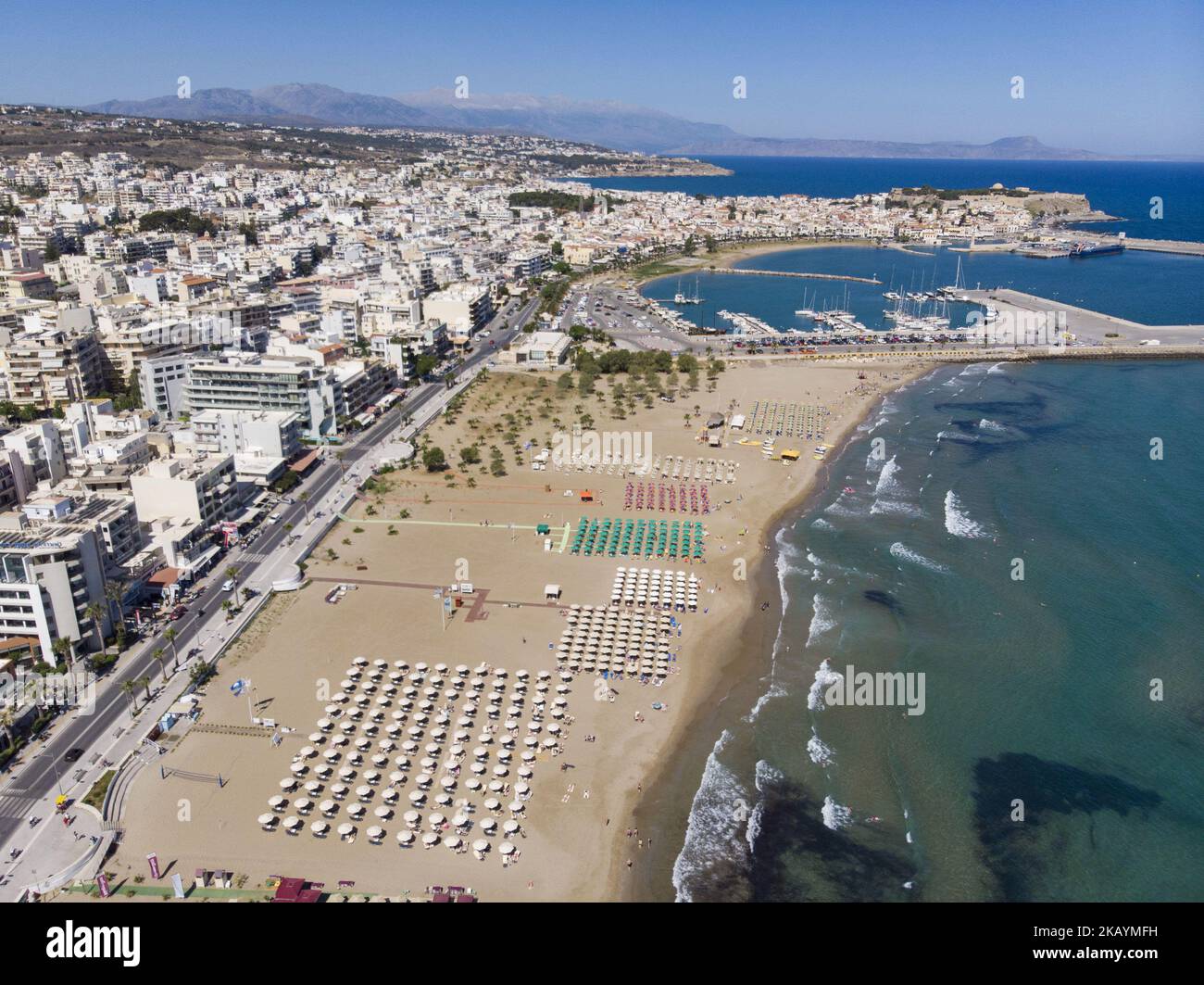 Aerial images of Rethymno beach town in Creta island in Greece ...