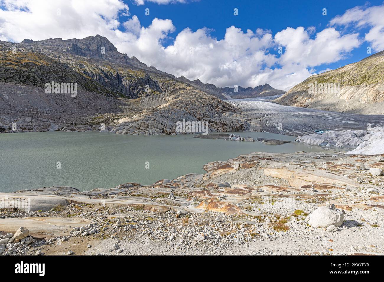 View of the glacial lake of the Rhone Glacier in Switzerland during the ...