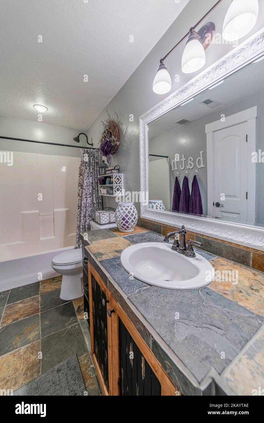 Modern bathroom interior of a house with clean built in bathtub and ...