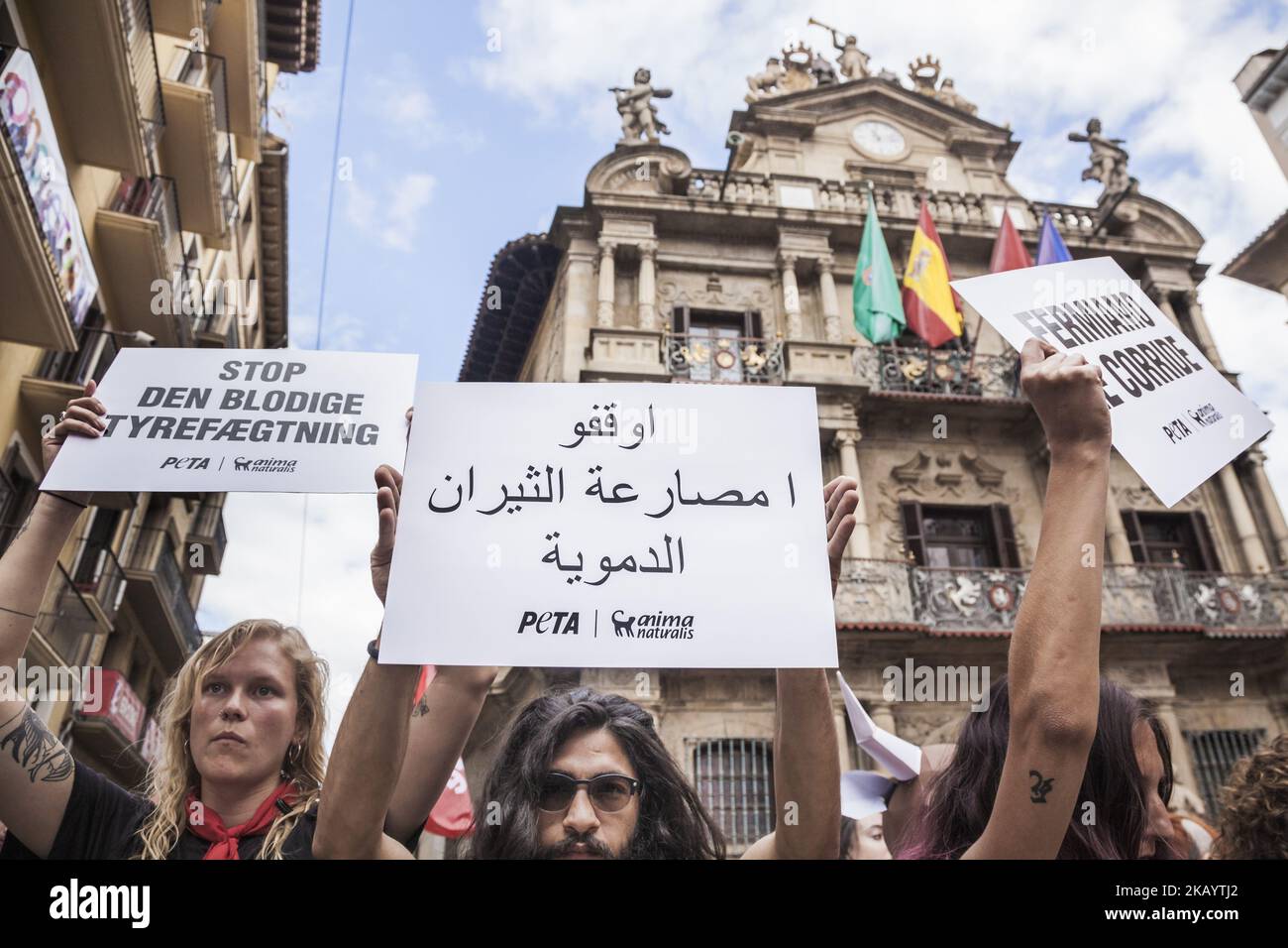Protest against animal cruelty in bull fightings before San Fermin ...