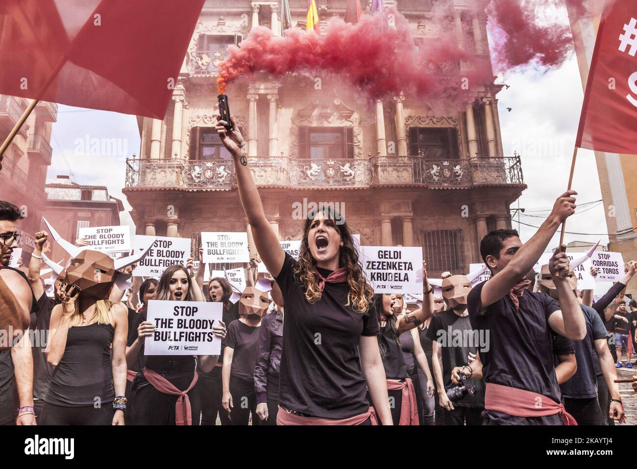 Protest against animal cruelty in bull fightings before San Fermin ...
