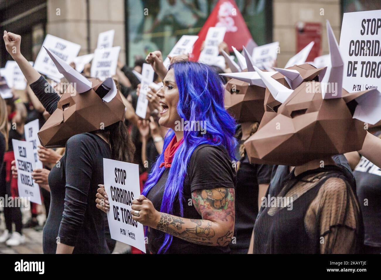 Protesters against animal cruelty in bull fightings before San Fermin ...
