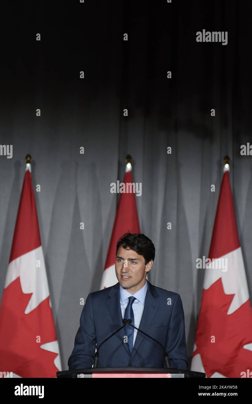 Justin Trudeau, Leader of the Liberal Party of Canada, speaking to supp ...