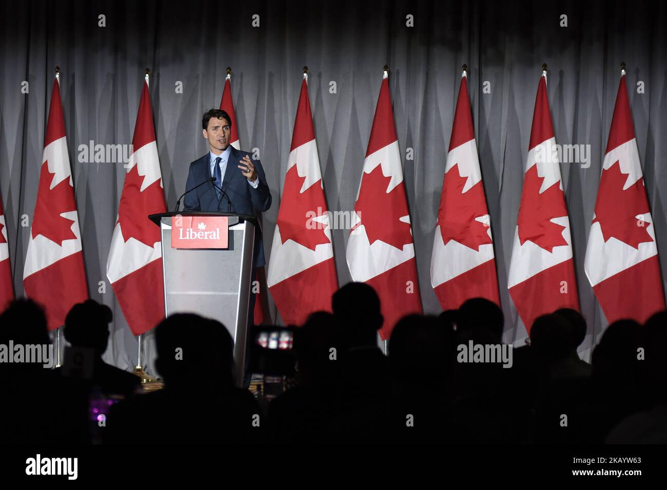 Justin Trudeau, Leader of the Liberal Party of Canada, speaking to supp ...