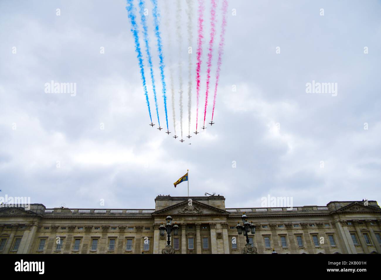 The Red Arrows flypast over Horse Guards Parade during RAF 100 celebrations on July 10, 2018 in ...