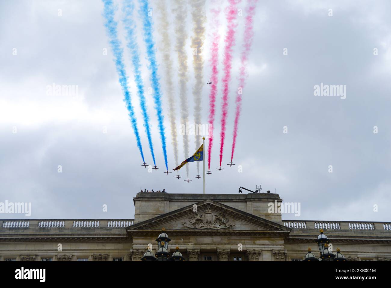 The Red Arrows flypast over Horse Guards Parade during RAF 100 celebrations on July 10, 2018 in ...