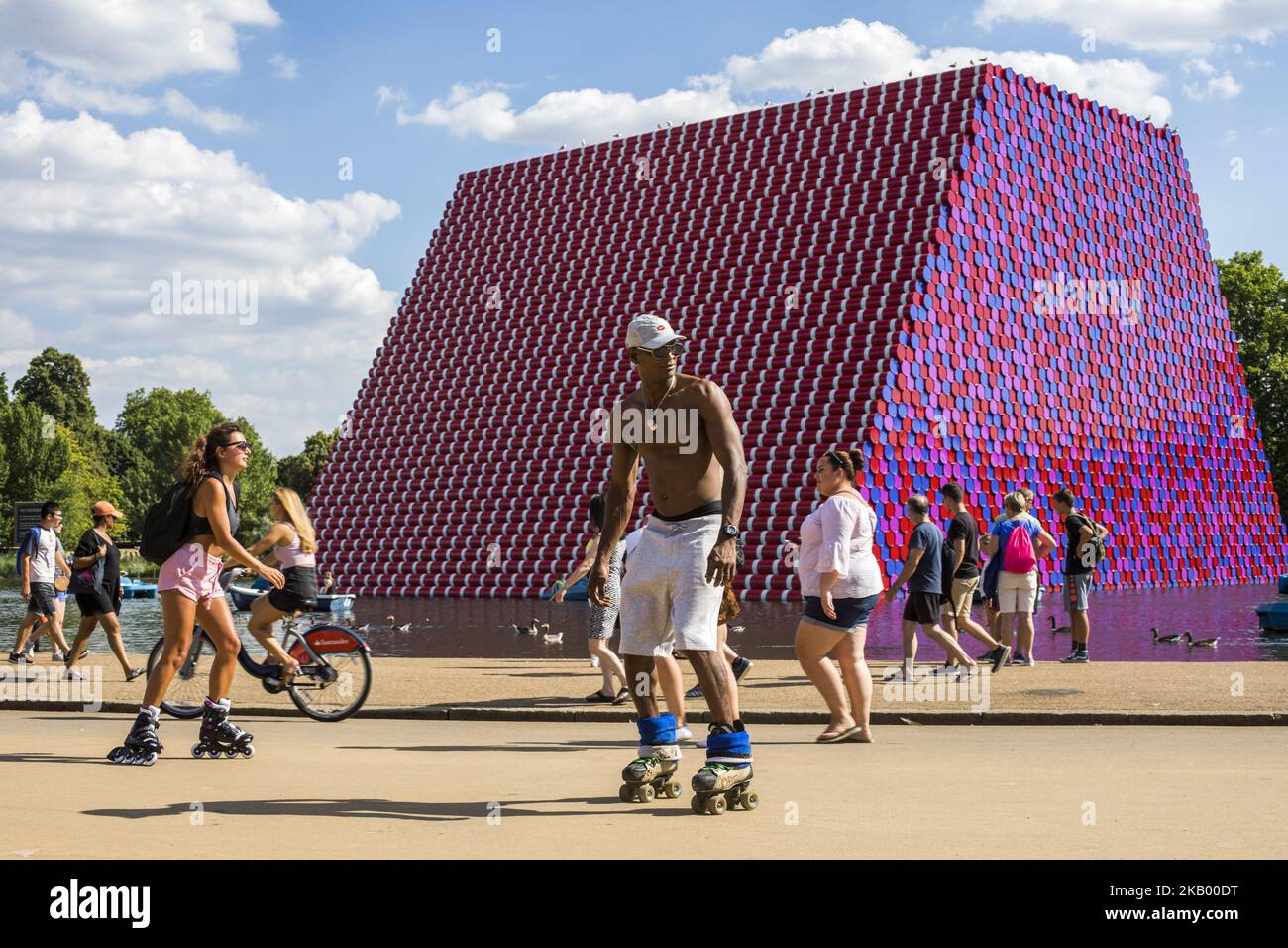 A day at Hyde Park with the Art installation 'The Mastaba', by artist Christo, installed on the ...