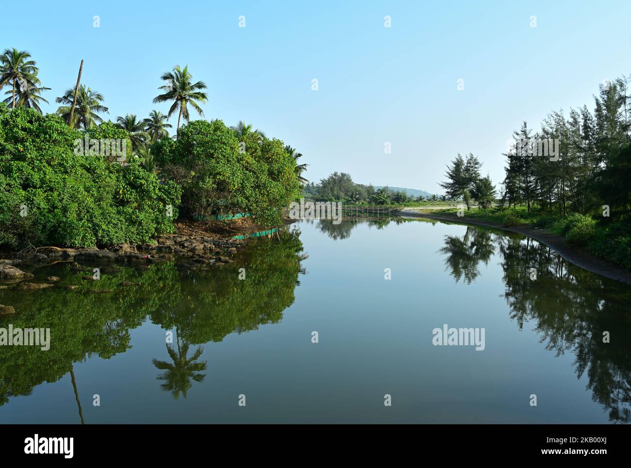 North Goa | Off white wooden bridge over the backwater Stock Photo - Alamy