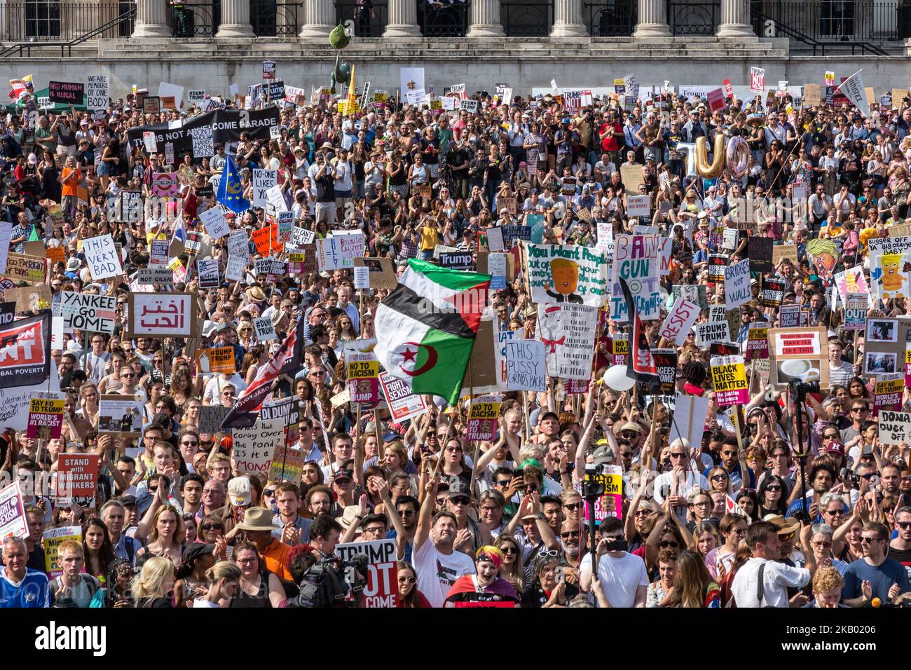 London, July 13, 2018: People crowd on Trafalgar square to protest ...