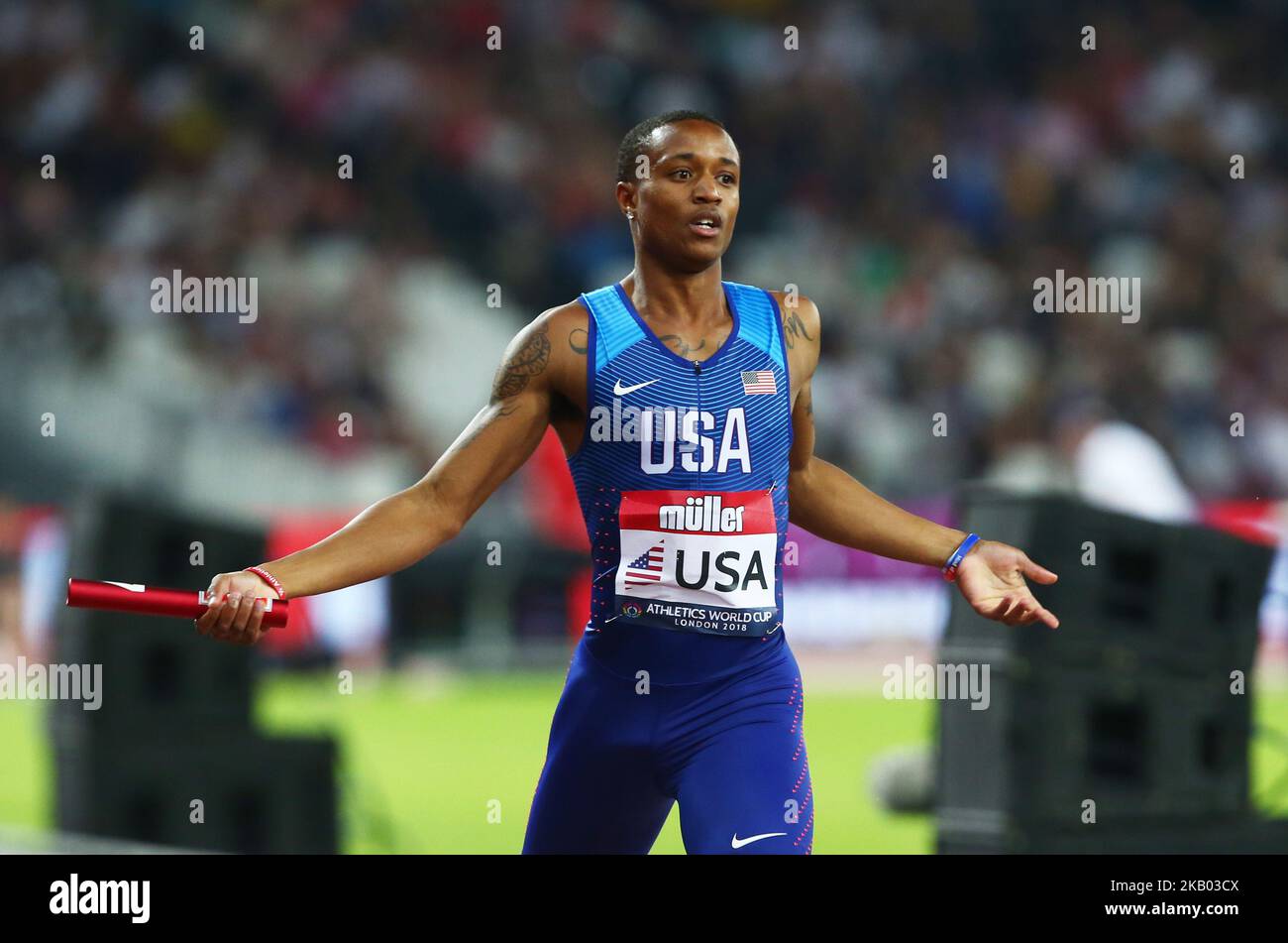 Kahmari Montgomery of USA (Winner) compete in the 4 x 400m Relay Men ...