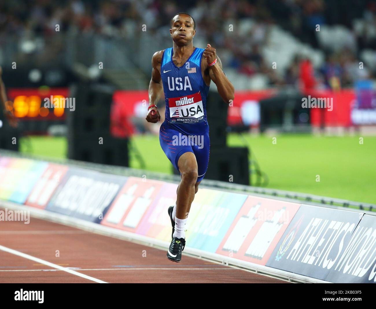 Kahmari Montgomery of USA (Winner) compete in the 4 x 400m Relay Men ...