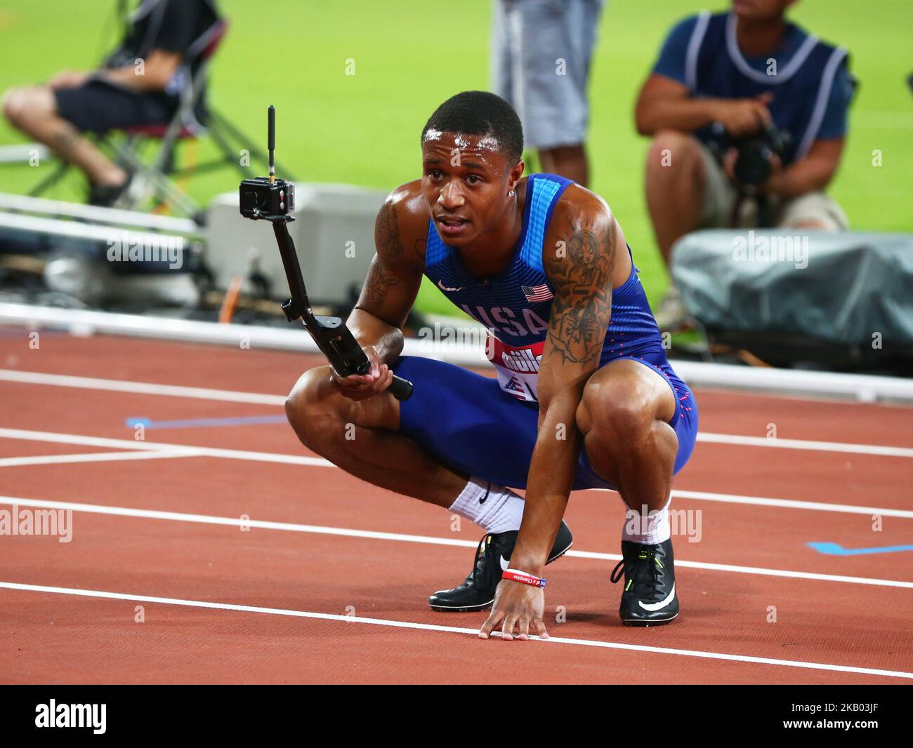 Kahmari Montgomery of USA with selfie after 4 x 400m Relay Men during ...