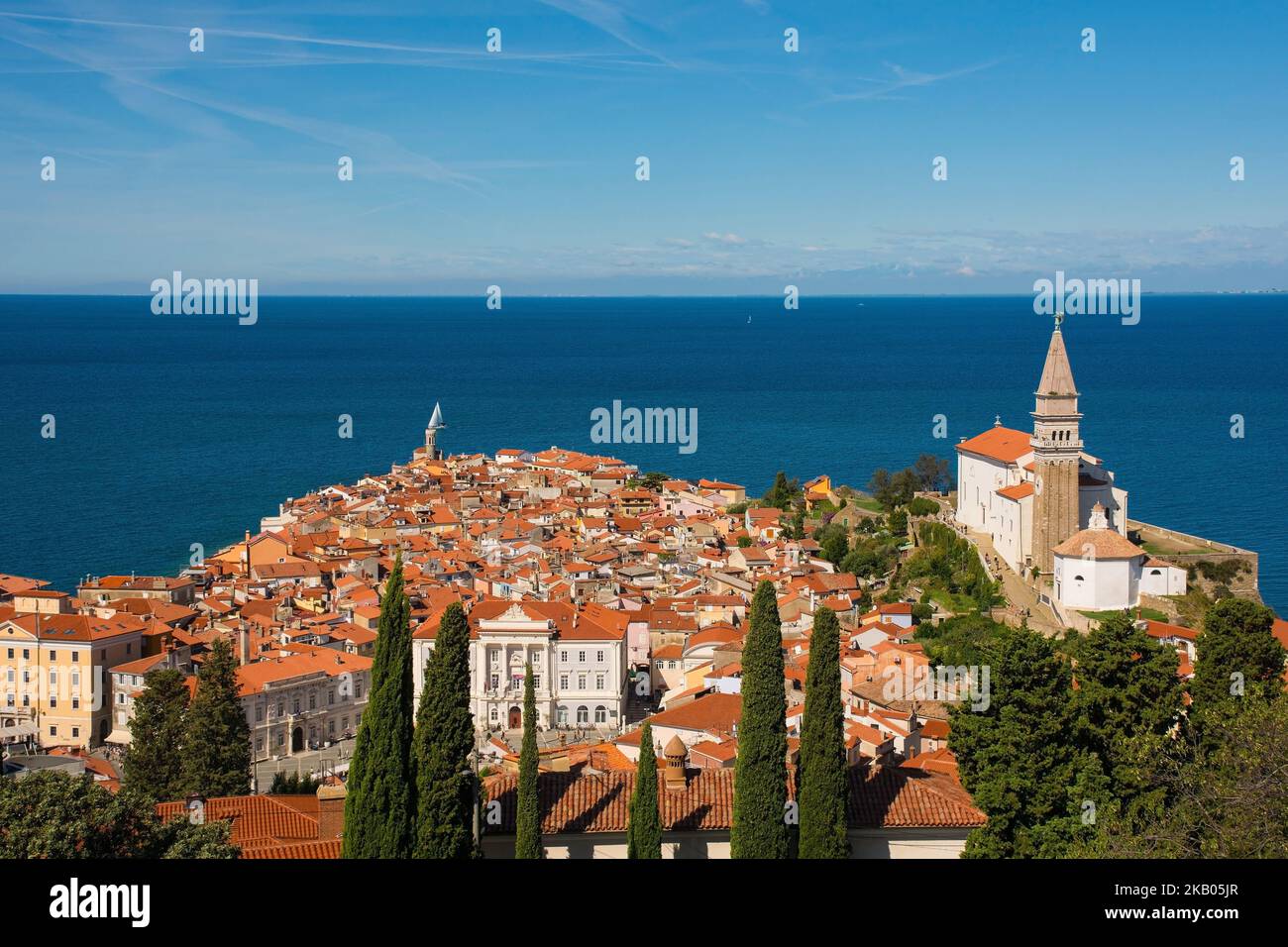 The old medieval centre of Piran on the coast of Slovenia. The large ...